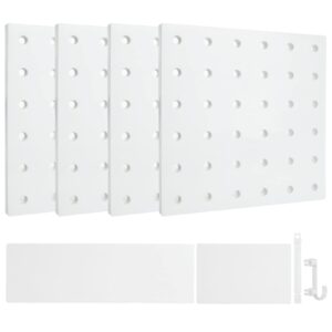 ziqi abs plastic pegboard wall panel kits, 4pack white mount display, diy tool organizer with accessories for garage kitchen bathroom office(2 installation methods-no damage to wall)