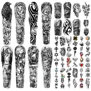 46 sheets full arm temporary tattoo waterproof for men(l22.8“xw7”), fake tattoos for women lion tiger clock flower skeleton animals design, hand forearm shoulder 3d temporary tattoos stickers