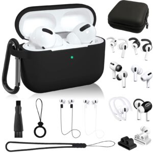 16 in 1 silicone for airpods pro case accessories set kit, protective cover for airpods pro 1st/2rd case with keychain/ear tip/ear cover/ear hook/watch band holder/strap/ring/storage box black