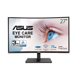 asus 27” 1080p curved monitor (va27vqse) - full hd, 75hz, 1ms, adaptive-sync/freesync, low blue light, flicker free, vesa mountable, frameless, hdmi, displayport, hdr-10, height adjustable,black