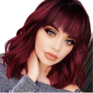 remyaeki red wavy wigs with bangs for women, short curly bob wigs medium shoulder length, burgundy wine red synthetic wigs natural looking 14 inch