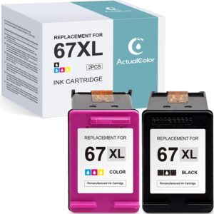 actualcolor c 67xl remanufactured ink cartridge replacement for 67xl hp printer ink 67 xl for envy 6055 6052 6455 deskjet 2755 2722 4155 2725 1255 printer black tri-color, 2-pack