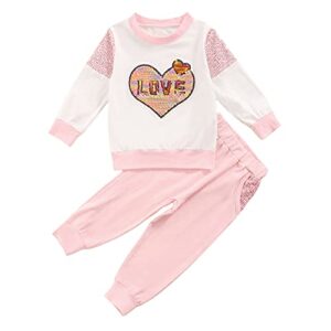 inevnen toddler baby girl clothes love heart leopard sequin pullover top and pants set 2pcs fall winter outfits (pink, 5-6 years)