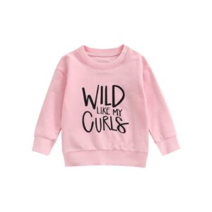 hnyenmcko kids toddler baby girl clothes wlid like my curls letter printed pullover sweatshirt fall winter sweater tops 1-6y (pink, 3-4 years)