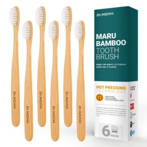 dr.noah maru bamboo toothbrush, 6 pack | designed by dentists | waterproof & durable toothbrushes | soft, tapered, bpa free bristles | compact head | zero waste