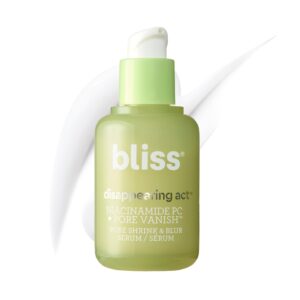 bliss niacinamide disappearing act pore serum | reduces pores & smooths skin | infused with vitamin b3 & green tea | dermatologist tested | vegan & cruelty-free | 1 fl oz