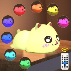 giieegii silicone cat night light for kids, cute kitty lamp gifts teen girl boys, with 9 colors change auto timing dimmable kawaii animal baby night light for bedroom