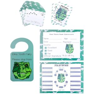 morxy tooth fairy letter kit – dinosaur theme tooth fairy certificate and tooth tracker – keepsake letter from the tooth fairy – 92 piece tooth fairy letter set with door hanger