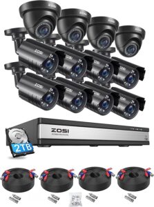 zosi 16ch 1080p security camera system with 2tb hard drive,h.265+ 16channel 1080p hd-tvi dvr with 12pcs 1080p outdoor indoor surveillance cameras, and 4 pack 100ft(30m) all-in-one video power cables