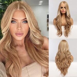 omelpis stylish long blonde with highlights wavy wig middle part curly natural heat resistant fiber synthetic wig for women girls daily party holiday festival chrismas travel use (26 inches/66cm)