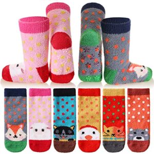 eyean kids fuzzy socks non slip soft fluffy slipper grips socks warm plush cozy cabin boy girls crew socks 6 pairs (dot animal, 8-12 years)