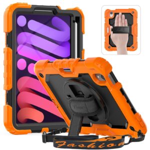 timecity case for ipad mini 7th/6th generation 2024/2021 8.3 inch, full-body protective case for ipad mini 7/ mini 6 with screen protector pencil holder swivel stand hand/shoulder strap case- orange