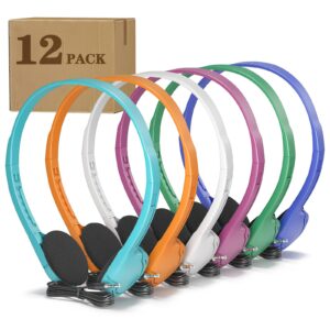 keewonda school headphones 12 pack multi colors, bulk wired disposable kids headphones for classroom students individual package