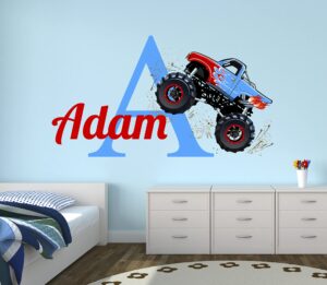 decalzone inc personalized monster truck wall decal - monster truck wall decor - nursery monogram truck theme kids bedroom decor baby boy room vinyl sticker (34inchw x 18inchh)