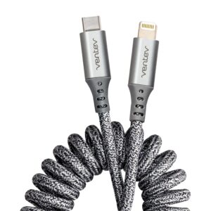 ventev - helix 3ft expandable iphone cable | fast charging usb c to apple lightning cable | compatible with iphone 14/13/12/11 | coiled mfi certified iphone charger cord - gray