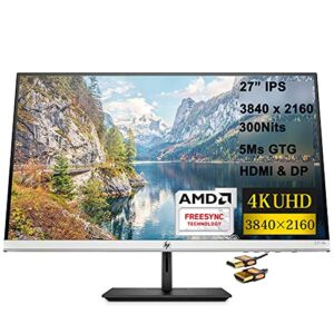 hp 27f monitor 27” 4k uhd (3840 x 2160) 60hz refresh rate ips panel 5ms gtg 16:9 300 nits brightness up to 1.07 billion colors amd freesync technology 178° viewing angle displayport + hdmi cable