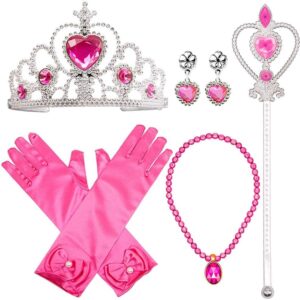 birlon princess dress up costume accessories elsa set for princess cosplay gloves tiara wand and fancy long cape(6 pieces) (pink)