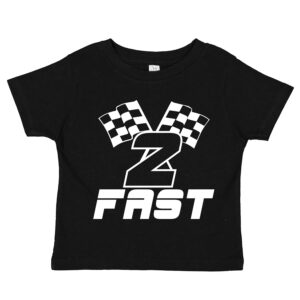 two fast two year old race car theme 2nd birthday party baby tee shirt (454 black 3t)