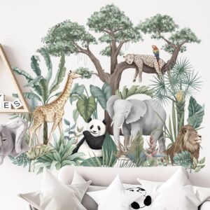 tropical green plant jungle animal wall stickers, removable large tree vinyl wallpaper decal, diy art murals for kids bedroom nursery home decor (a)