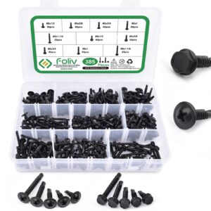 foliv 385pcs #8 self drilling tek screw assortment kit, 410 stainless steel black self tapping tcrews, hex washer head & modified truss head black screws, length 1/2" to 1-1/4"