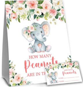 yuzioey pink elephant guess how many peanuts baby shower game, 50 cards and matching standing sign, girl elephant baby shower guessing game