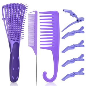 ez detangler brush set, morgles detangling hair brush for black natural hair wide tooth comb with rat tail comb 5pcs alligator clips for men women kids(purple)