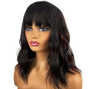 mimiservice black short wavy wig with bangs for women shoulder length black with brown bob curly women's charming synthetic wigs with natural wavy heat resistant hair for daily party use