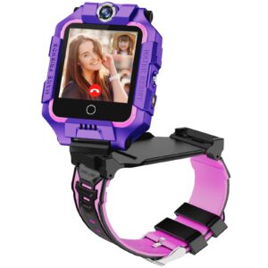 okyuk 4g kids watch phone t10, funny 360° rotation screen dual camera smart watch for boys girls, ip67 waterproof, 2-way calls, gps, sos, video calls, remote control, pedometer smartwatch (purple)