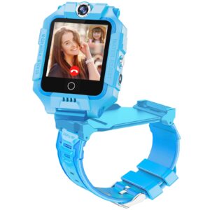 okyuk 4g kids watch phone t10, funny 360° rotation screen dual camera smart watch for boys girls, ip67 waterproof, 2-way calls, gps, sos, video calls, remote control, pedometer smartwatch (azure)