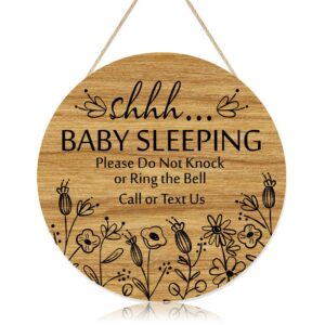 shhh... baby sleeping hanging sign plaque, do not knock or ring the bell, round rustic wooden door hanger for baby room, nursery, kindergarten, bedroom, door knob door bell decor