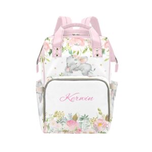 sunfancy personalized pink elephant flower diaper backpack with name text large capacity custom multi-function bag unisex travel for mom dad boy girl, 10.83 inch l * 6.69 inch w * 15 inch h