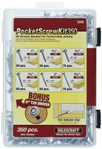 milescraft 5209 pocket screw kit 350- t20 star head pocket hole screw kit (350-pieces)- 6 sizes + bonus 6inch magnetic driver included-all screws needed for pocket hole joinery