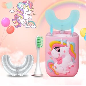 rzm kids automatic sonic toothbrush- 2 ergonomic u-shaped toothbrush and 1 regular brush head, six modes for 360° sensitive oral tooth cleaning(pink unicorn)