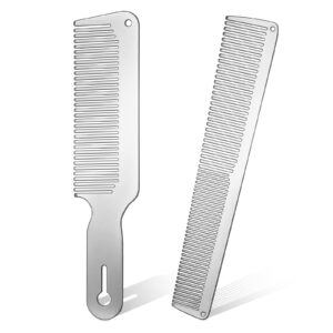 patelai 2 pieces metal comb set, stainless steel blending comb fine styling cutting comb flat top clipper comb metal detangling comb for men women salon, silver