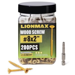 lionmax deck screws 2 inch, wood screws #8 x 2, 200 pcs, rust resistant, exterior epoxy coated, outdoor decking screws, torx/star drive head screw, t25 star bit included, tan