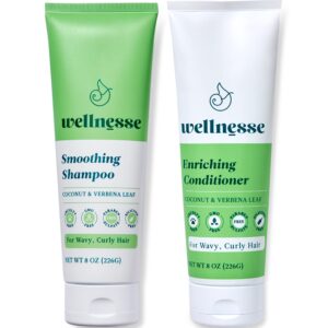 wellnesse smoothing shampoo and conditioner - for wavy & curly hair - - 8 oz - coconut & verbena leaf - vitamin based formula, protects and moisturizes - hair products and beauty products