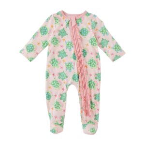 mud pie baby girls bamboo sleeper, pink turtle, 3-6 months