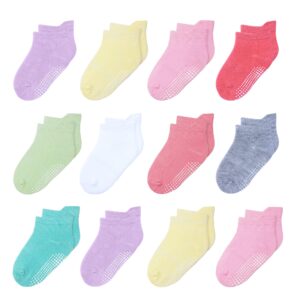 hyzgb toddler girls socks 3t-4t-5t with grippers 12 pairs cotton little kids non slip ankle socks for toddler kids 3-4-5 years old all seasons wearing (bright candy colors)