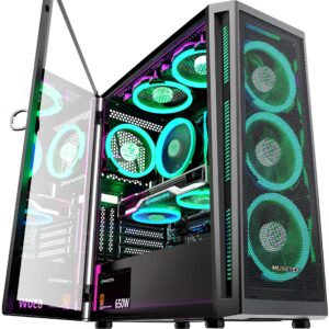 musetex atx pc case pre-install 6 pwm argb fans, mid tower gaming case with opening tempered glass side panel door, mesh computer case, tw8