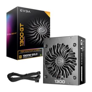 evga 1300 gt, 80 plus gold 1300w, fully modular, eco mode with fdb fan, 100% japanese capacitors, 10 year warranty, includes power on self tester, compact 180mm size, power supply 220-gt-1300-xr