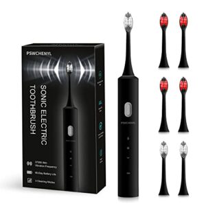 pswchenyl sonic electric toothbrush usb rechargeable with 6 brush heads 3 modes with 2 minutes build in smart timer for adults and kids, one charge for 60 days ipx7 waterproof cleaning（black）