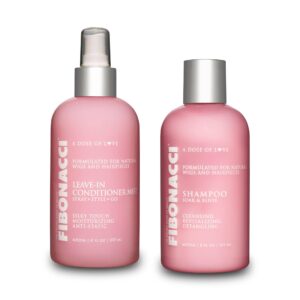 new fibonacci beauty natural human hair wig shampoo & conditioner combo pack - premium wig care solution, soak & rinse/spray & go - revitalizes, moisturizes, detangles, & removes residues 8 ounce