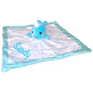 sona g designs baby lovey custom personalized with name plush security blanket - narwhale - elephant - owl for infants babies toddlers newborns (aqua narwhal with embroidered name)