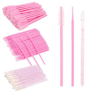 300 pcs eyelash extension supplies kit, disposable micro swab brush, eyebrow spoolie, lip brush, mascara wand applicator (pink sets)