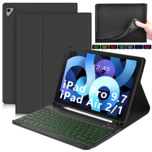 detuosi for ipad air 2 keyboard case, for ipad 9.7" 2017/2018 keyboard case with apple pencil holder, detachable wireless 7-colors backlit keyboard + pu leather cover for ipad pro 9.7", for ipad air 1