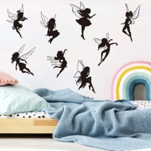 woyinis black fairy girls room wall decal diy cute fairy with large wings silhouette wall stickers murals decor peel & stick baby nursery room kids bedroom playroom wall decoration