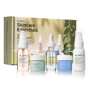 clarityrx skincare essentials kit, includes natural plant-based daily face wash, exfoliating facial scrub, hyaluronic acid moisturizing serum, calming moisturizer, spf 30 sunscreen