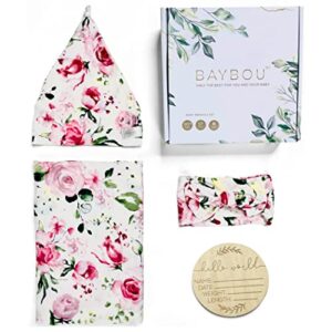 baybou baby swaddle set bamboo receiving blanket for hospital swaddle hat bow wood announcement gift set for new baby arrival 4-piece complete swaddle set (pink rose)