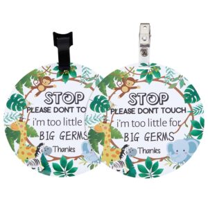 pligreat 2 pack no touching baby car seat sign, no kissing baby stroller tag with hanging straps and clip, please dont touch baby safety sign for baby girl boy, green leaves and cute animals pattern