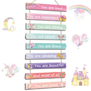 yookeer set of 9 unicorn rainbow room wall decor for teen girls inspirational wall unicorn rainbow motivational art aesthetic pink wood art signs for princess nursery room bedroom